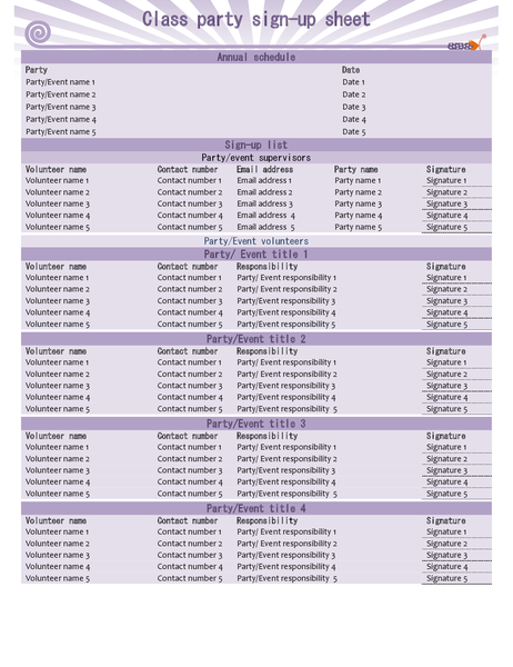 Class Party Sign Up Sheet Template