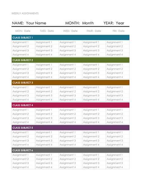 Weekly Assignment Calendar