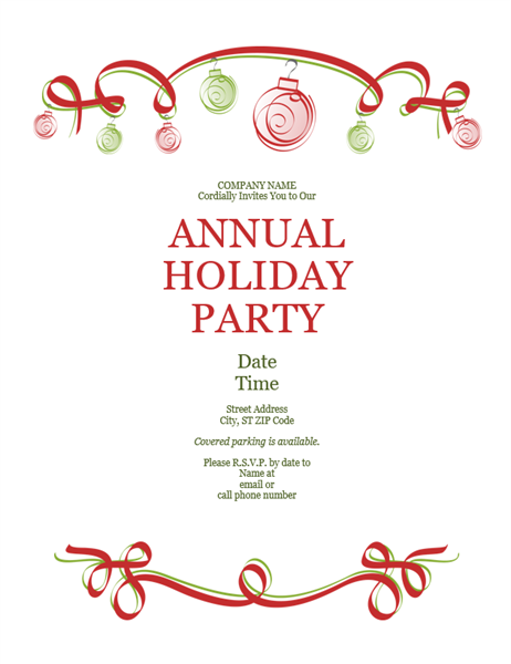 Holiday Party Invitation With Ornaments And Red Ribbon Formal Design 