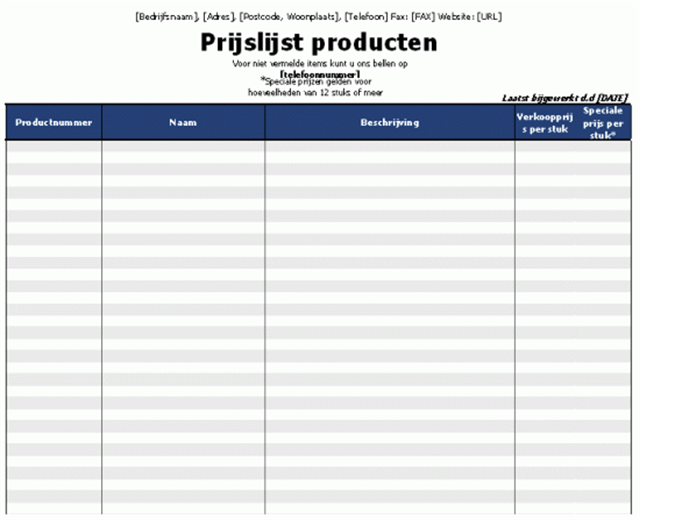 Prijslijst producten