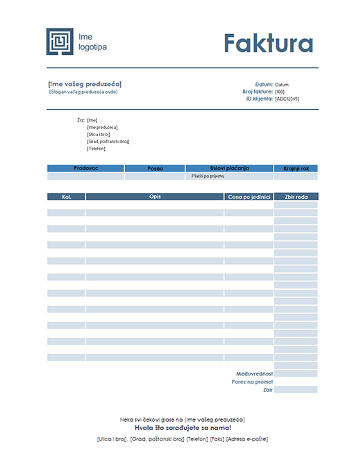 Faktura za uslugu (jednostavan plavi dizajn)