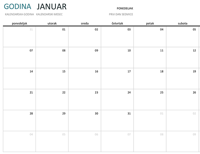 Mesečni kalendar za svaku godinu